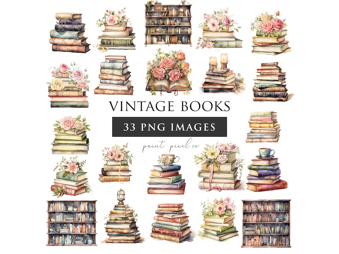Vintage Book Clipart Books PNG Retro Floral Books Stack Library Old ...