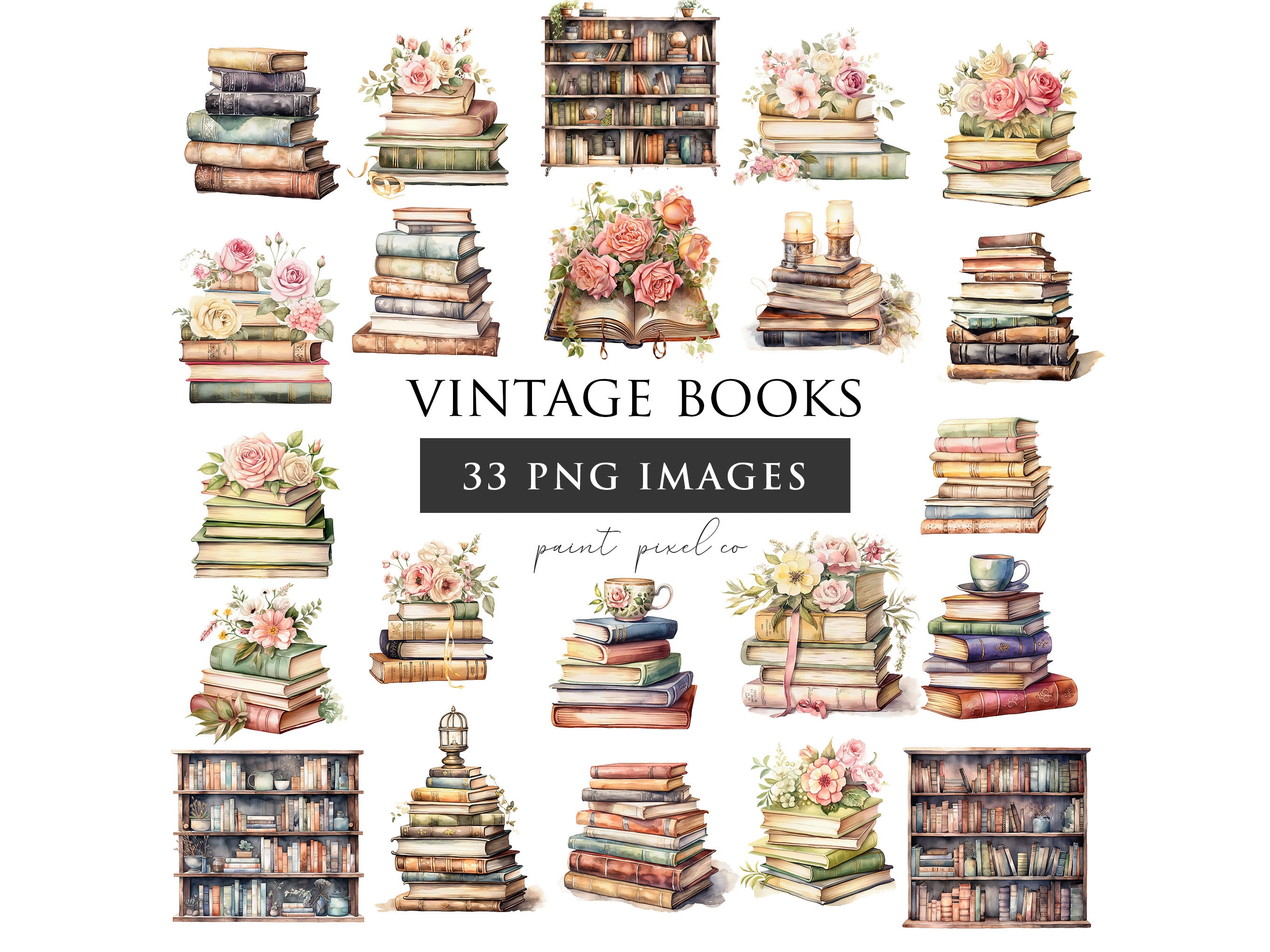 Vintage Book Clipart Books PNG Retro Floral Books Stack Library Old ...