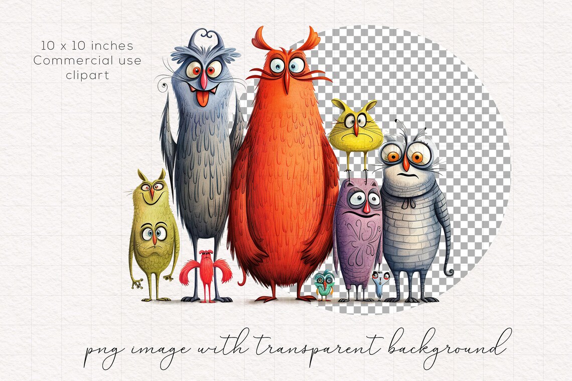 Whimsical Monsters Clipart PNG Bundle Watercolor Quirky Creatures ...