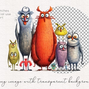 Whimsical Monsters Clipart PNG Bundle Watercolor Quirky Creatures ...