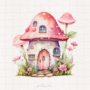 Pink Toadstool House Clipart Enchanted Mushroom Fairy PNG Pink ...