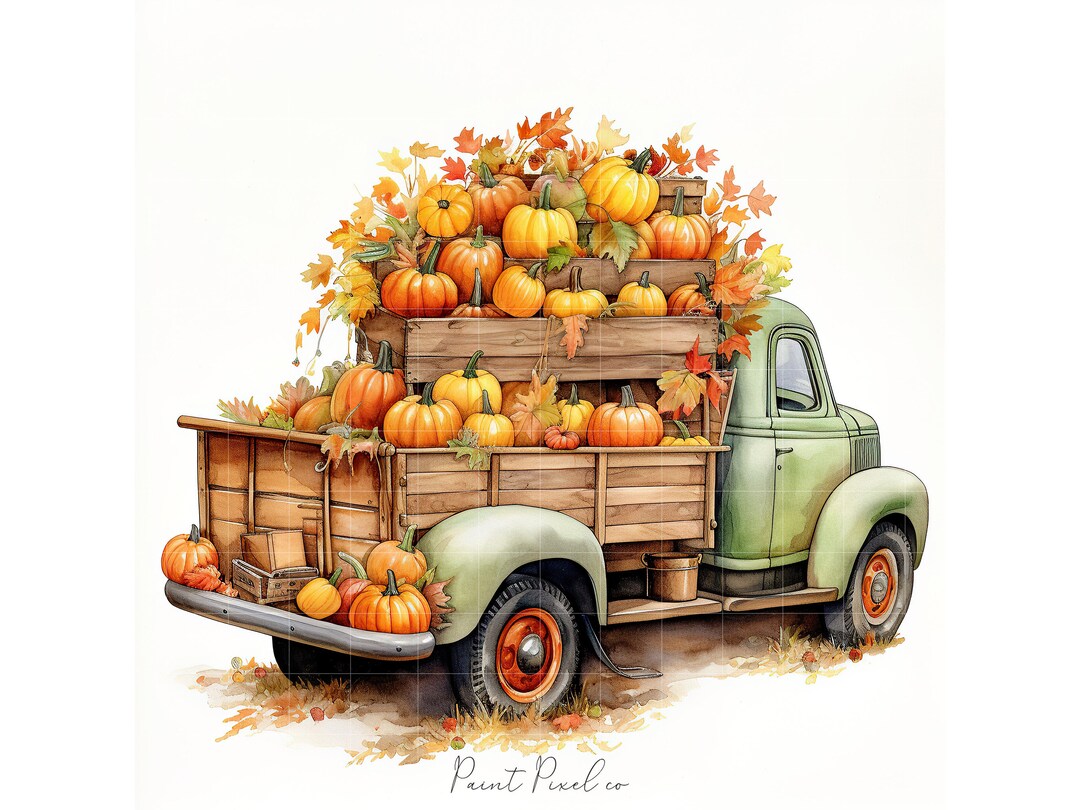 10 Pumpkin Truck Clipart High Quality Jpgs Watercolor Autumn Clipart ...