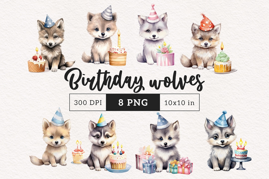 Birthday Wolf Clipart PNG Bundle Watercolor Wolves With Cake ...