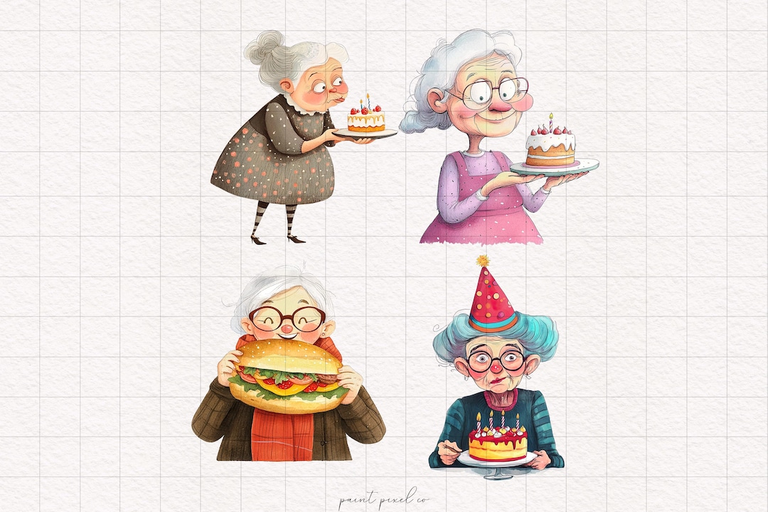 4 Quirky Old Foodie Woman Clipart Hungry Grandma With Cake PNG ...