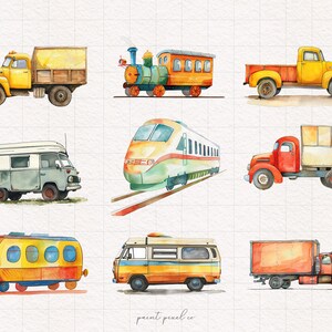 Whimsy Vehicles Clipart PNG Watercolor Firetrucks Cars Bus Train Clip ...