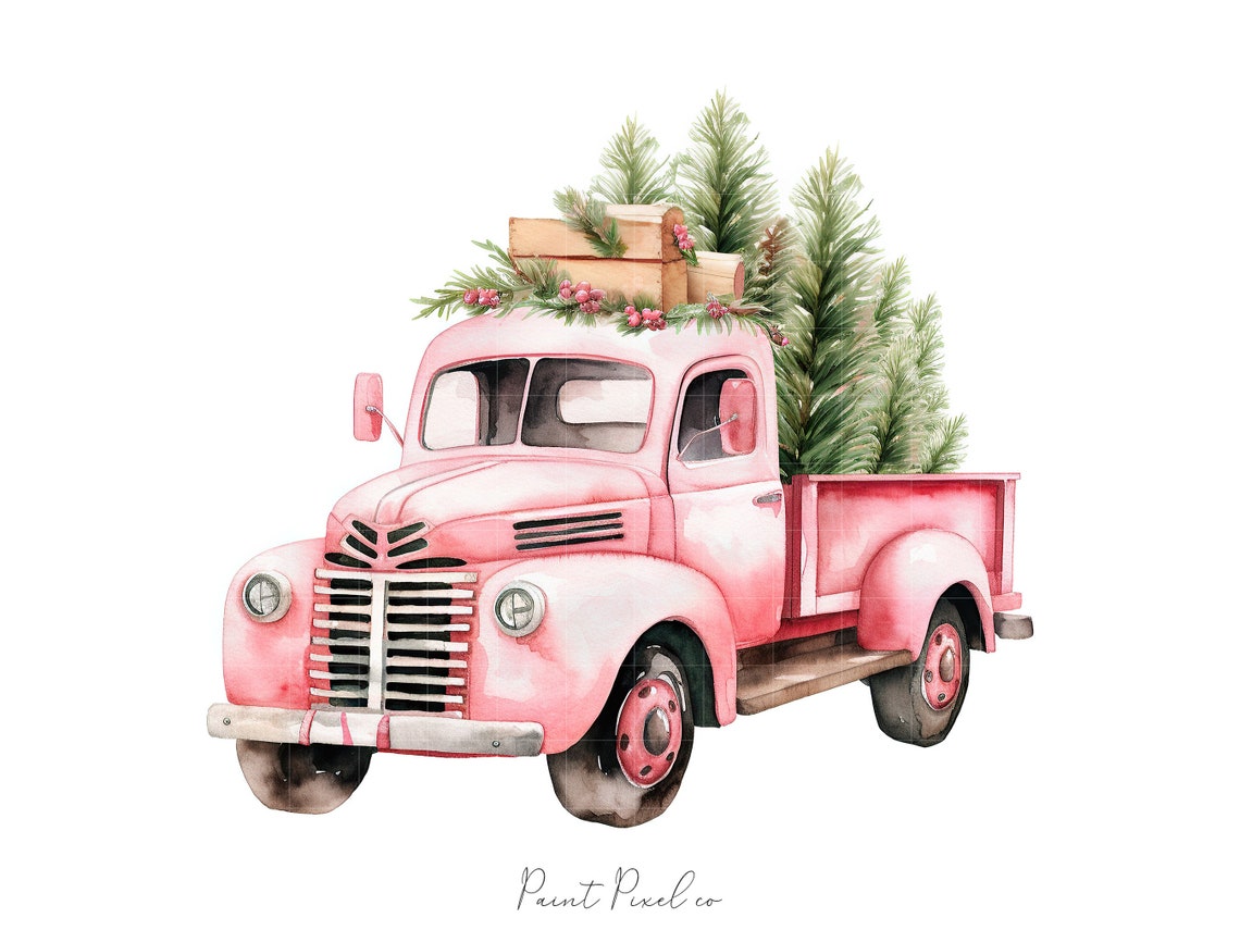10 Pink Christmas Truck Clipart High Quality Jpgs Watercolor Clip Art ...