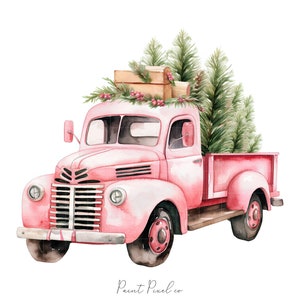 10 Pink Christmas Truck Clipart High Quality Jpgs Watercolor Clip Art ...