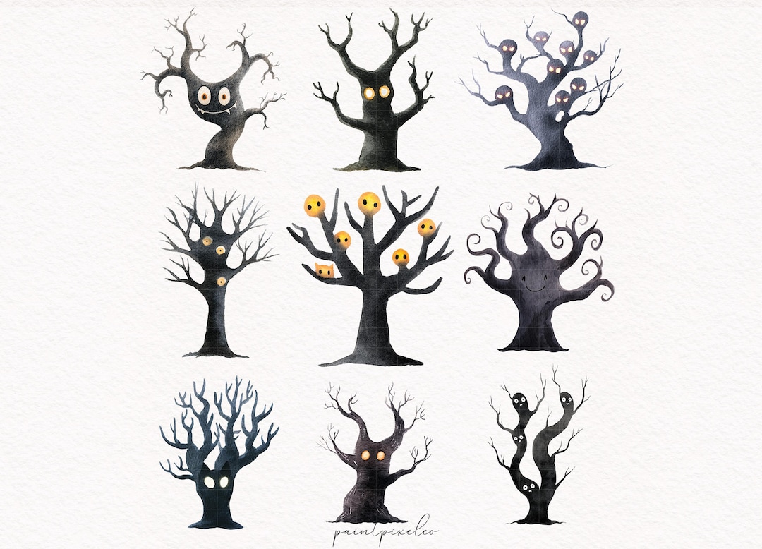 9 Creepy Halloween Trees Clipart Watercolor Spooky Tree Cute Horror PNG ...