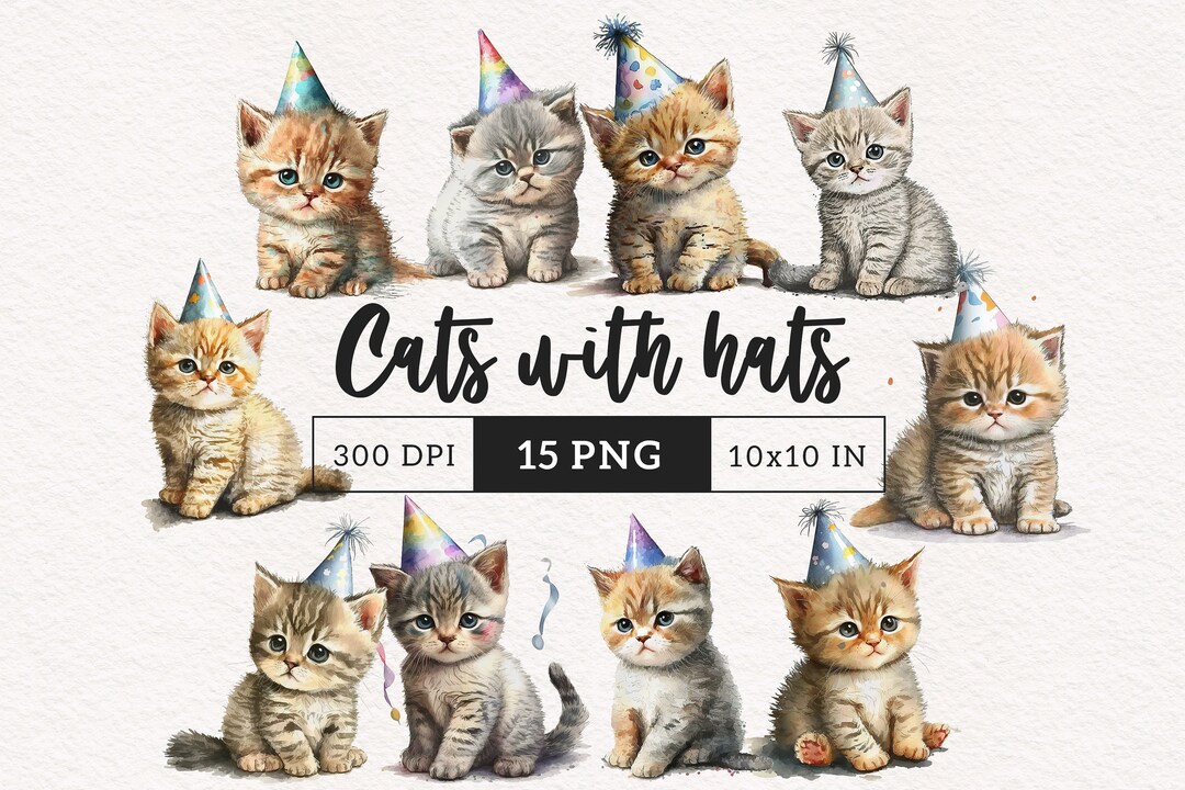 Party Cat Clipart PNG Birthday Cat Watercolor Clipart Cute Kitten ...