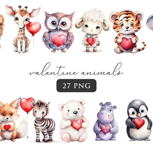 Valentine Animals Clipart PNG Bundle Watercolor Lovers Day Sublimation ...