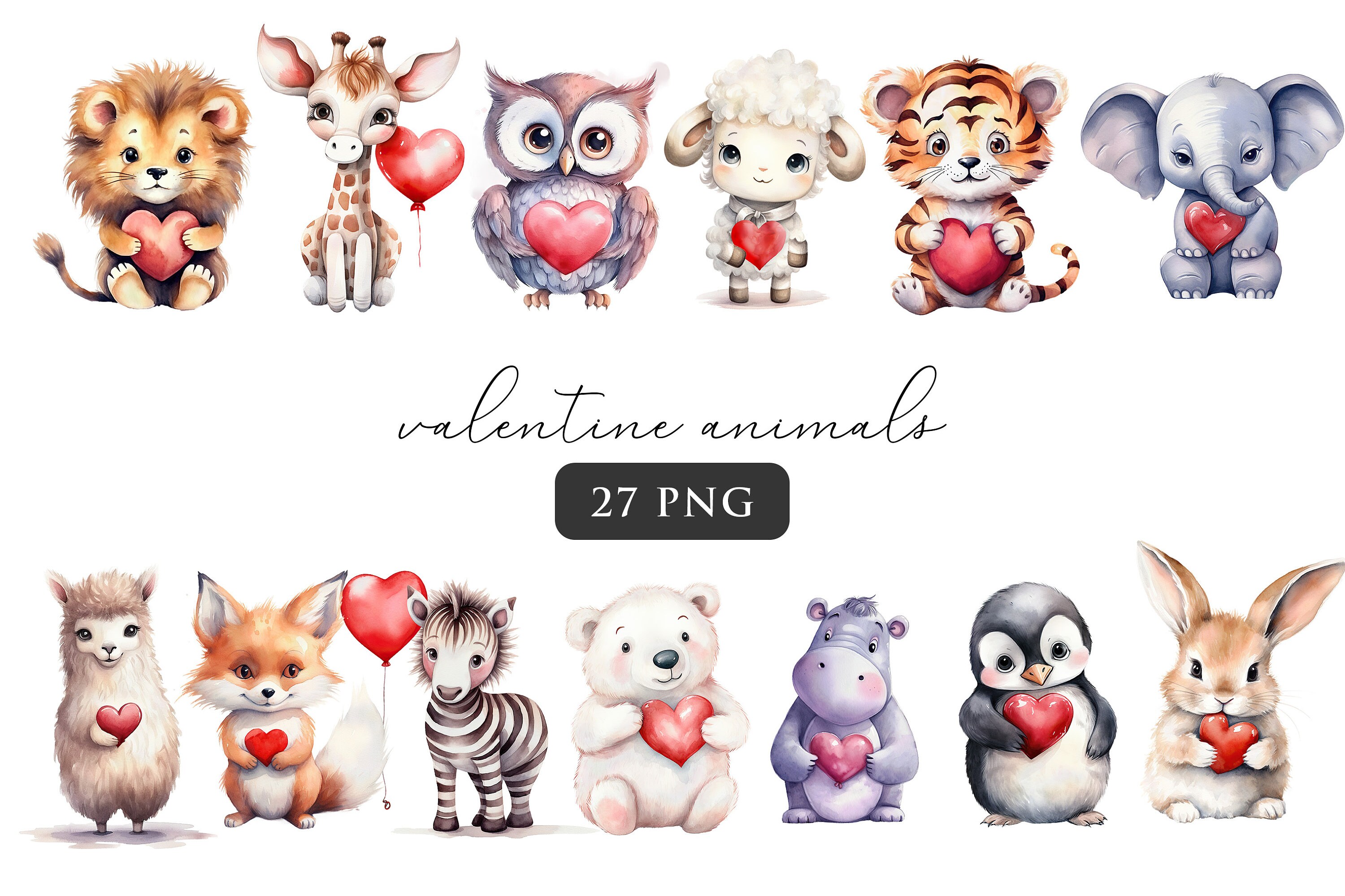 Valentine Animals Clipart PNG Bundle Watercolor Lovers Day Sublimation ...