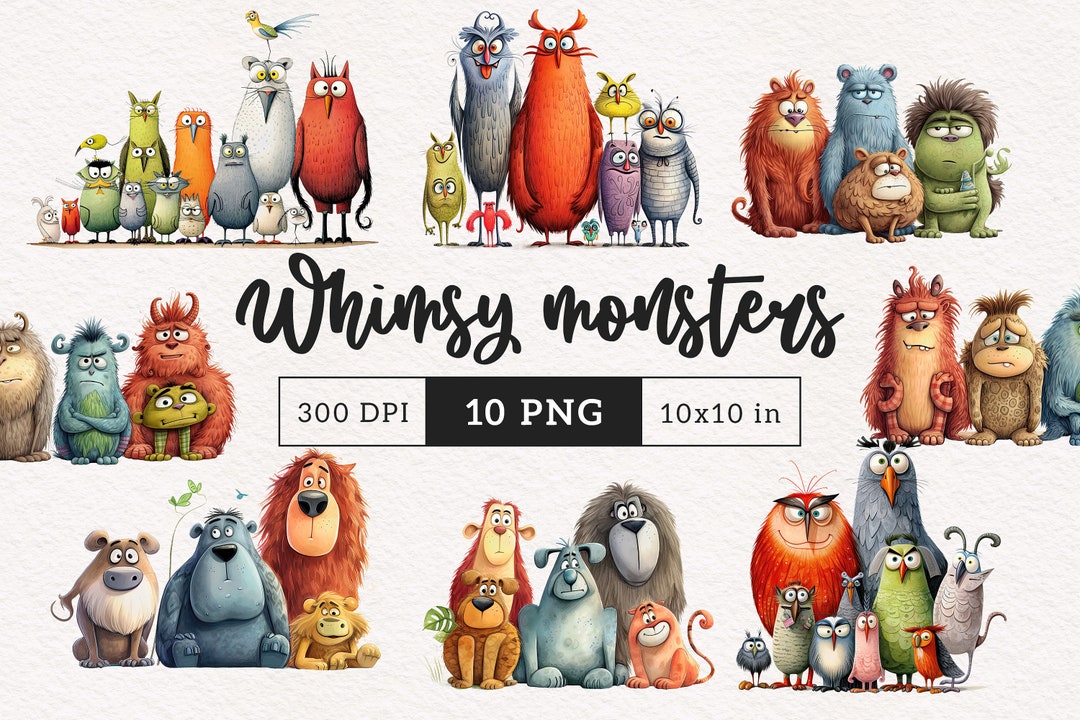 Whimsical Monsters Clipart PNG Bundle Watercolor Quirky Creatures ...