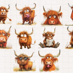 Quirky Highland Cow PNG Clipart Bundle Whimsical Cow Sublimation Clip ...