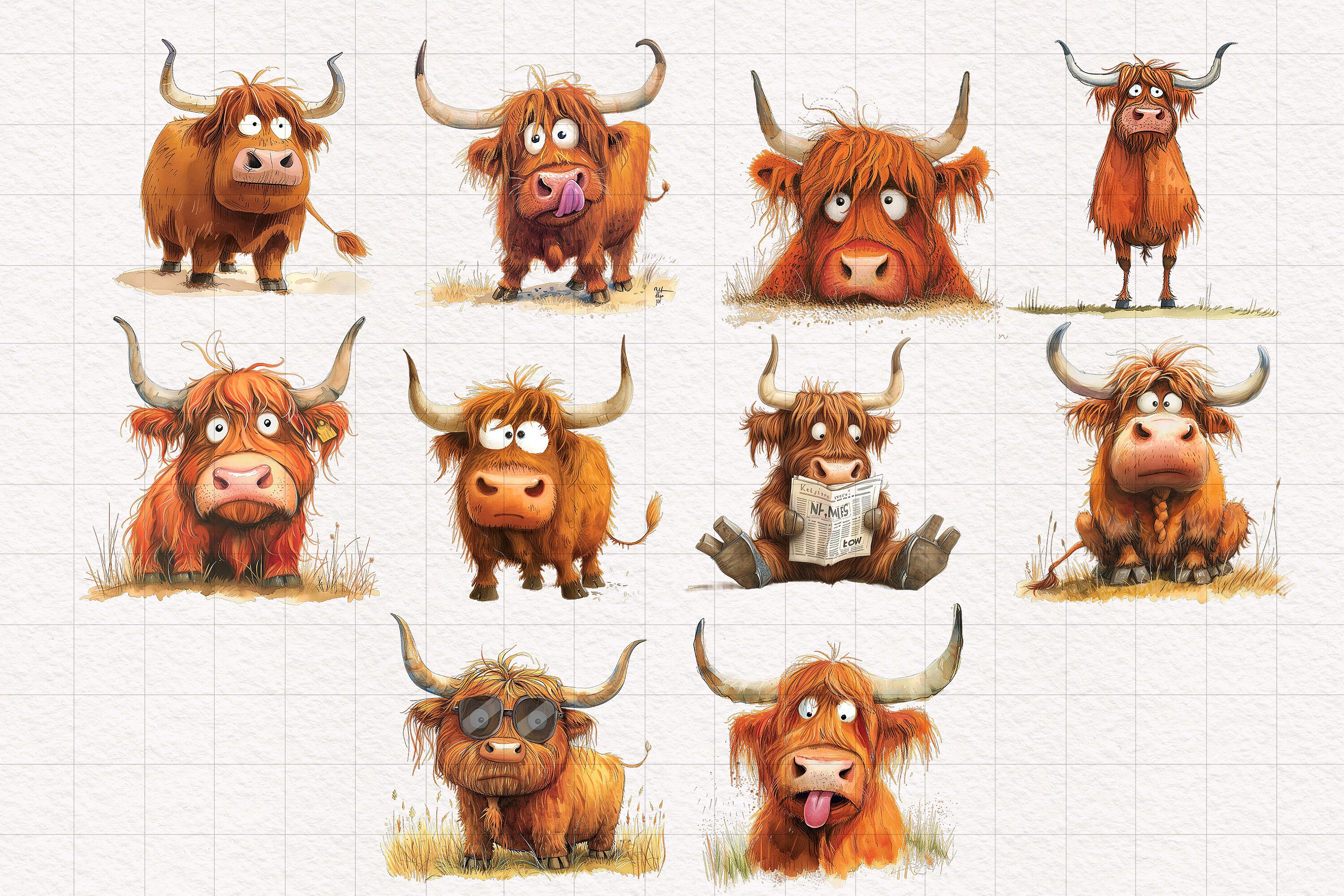 Quirky Highland Cow PNG Clipart Bundle Whimsical Cow Sublimation Clip ...
