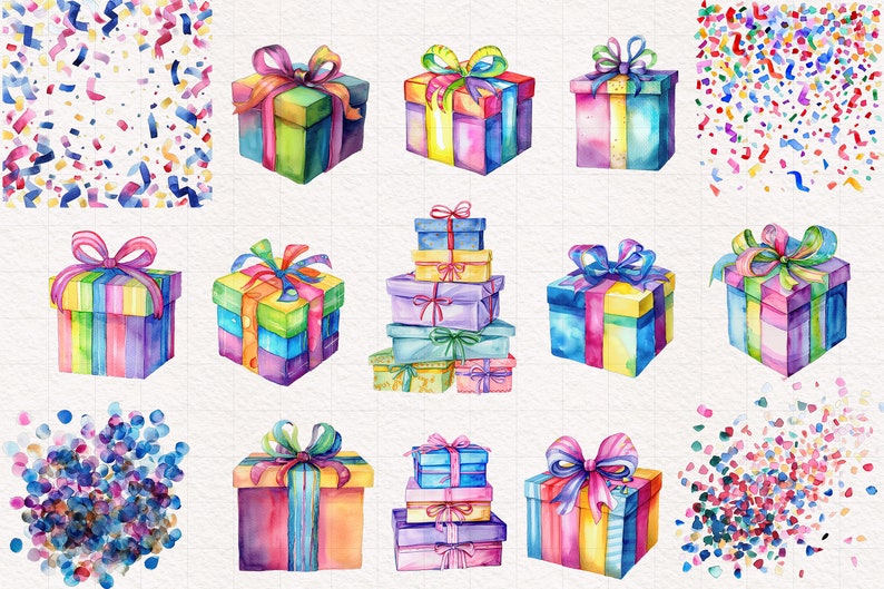Happy Birthday Clipart PNG Rainbow Party Items Balloons Gift Box ...