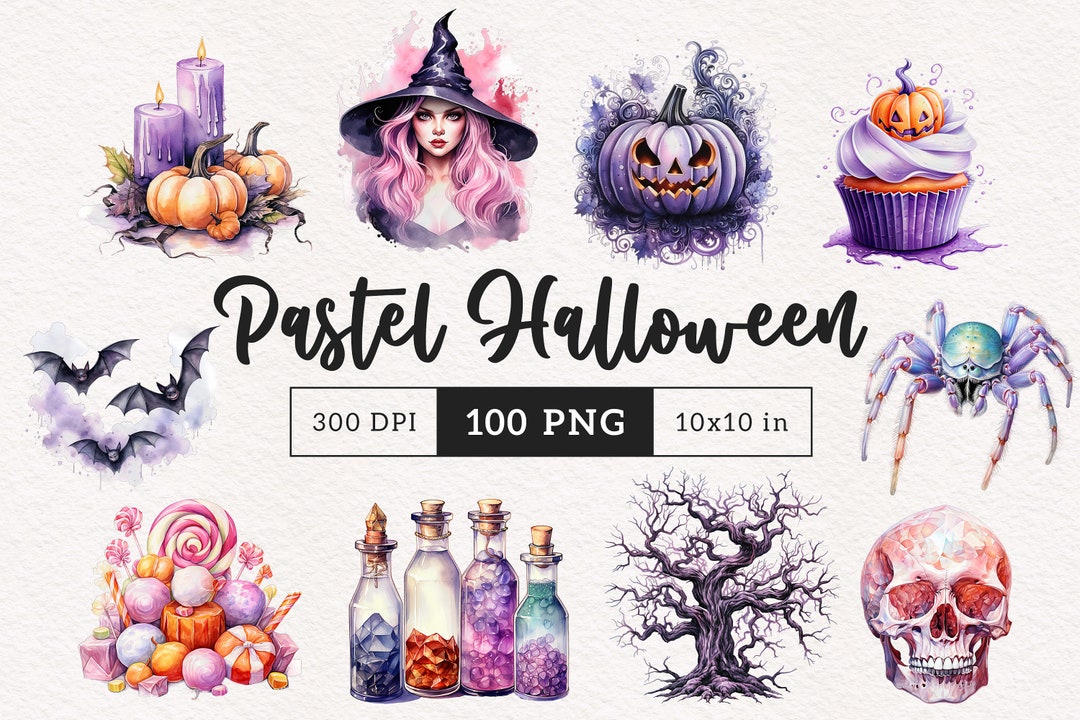 100 Pastel Halloween Clipart PNG Clip Art Mystical Watercolor Halloween ...