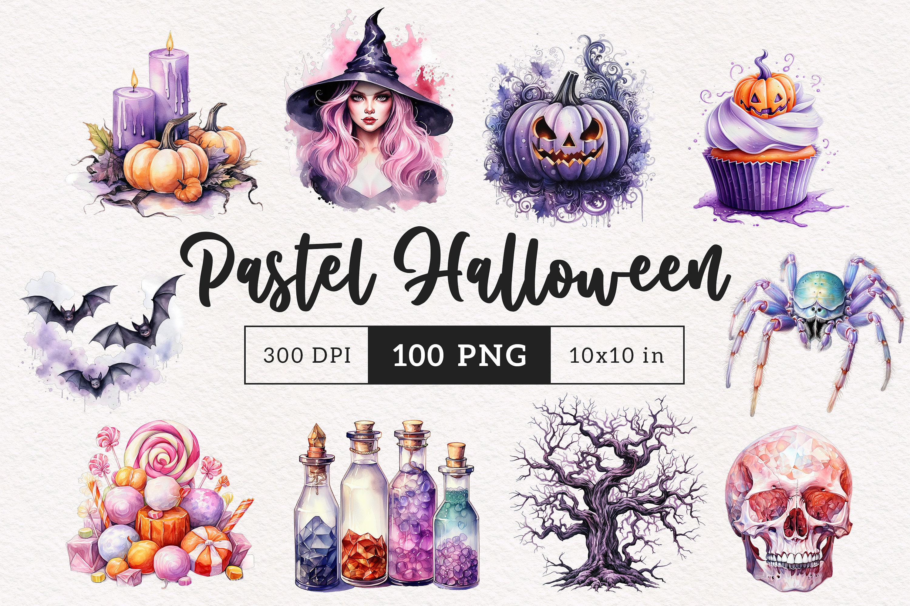 100 Pastel Halloween Clipart PNG Clip Art Mystical Watercolor Halloween ...