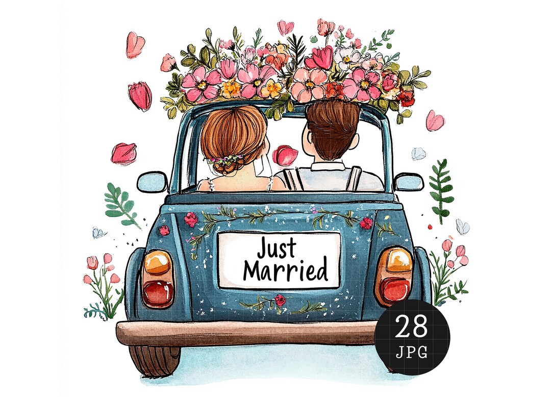 28 Just Married JPG Clipart Car Whimsical Getaway Car Couple Printable ...