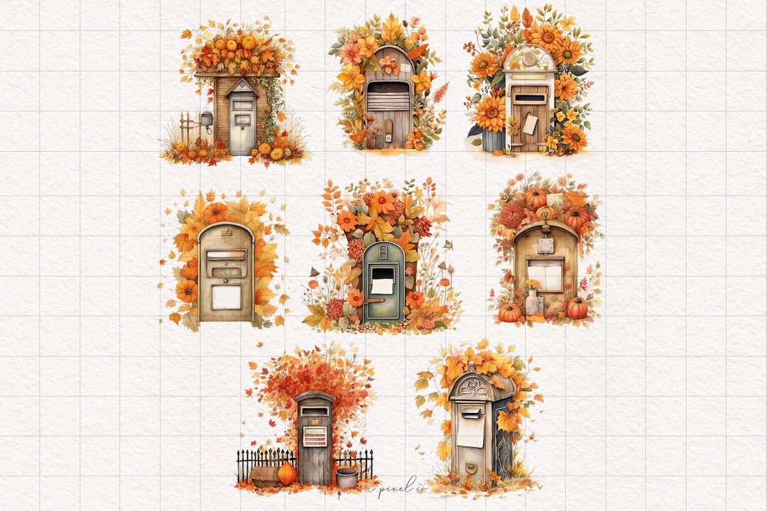 8 Autumn Mailbox Clipart Boho Fall Postbox PNG Watercolor Cozy Scenes ...
