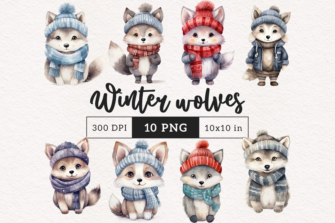 Winter Wolf Clipart PNG Bundle Watercolor Wolves With Scarf & Hat ...
