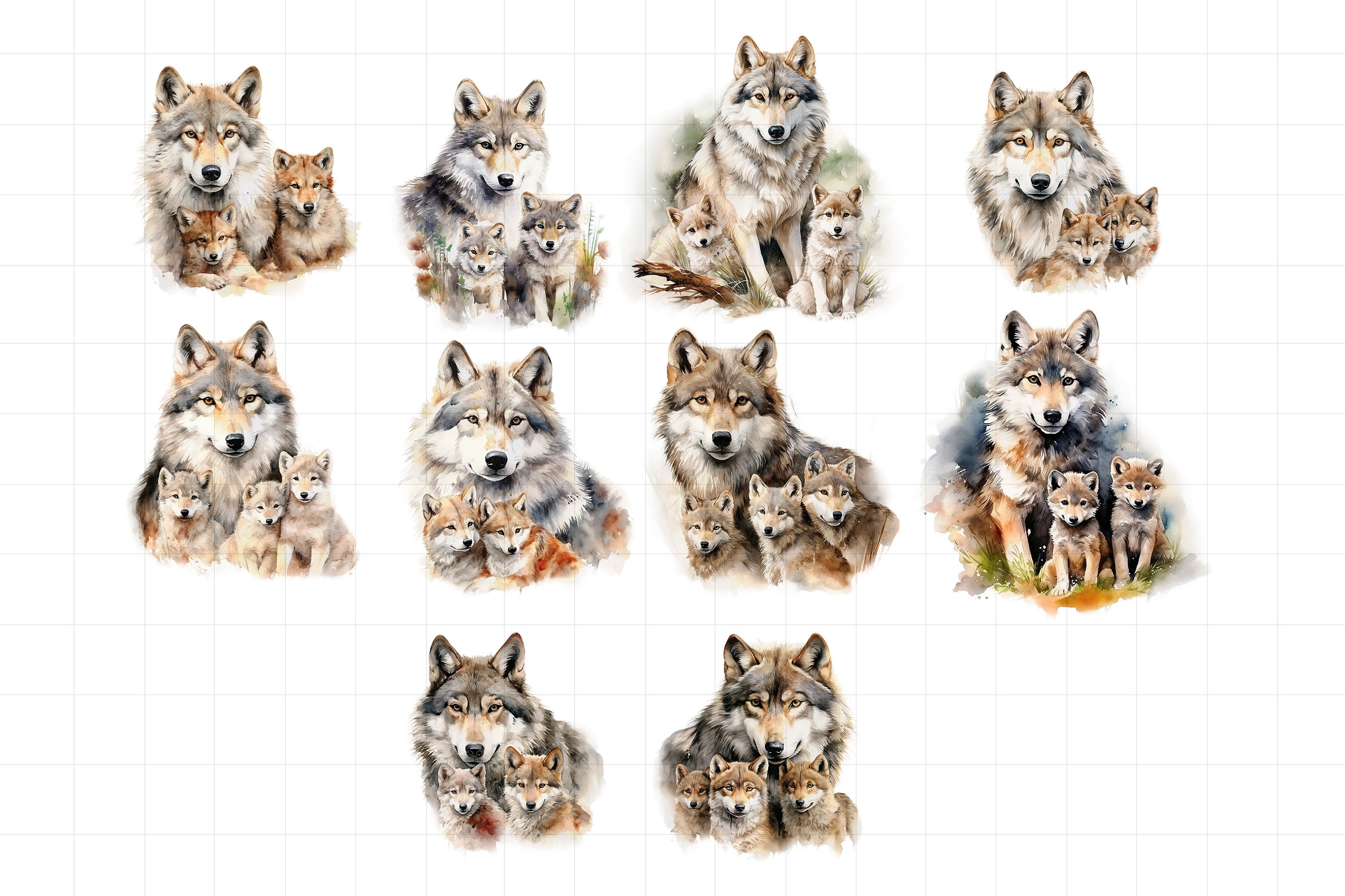 Wolf and Cubs Clipart PNG Bundle Watercolor Mother Wolves Sublimation ...