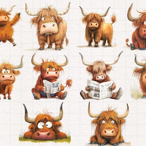 Quirky Highland Cow PNG Clipart Bundle Whimsical Cow Sublimation Clip ...