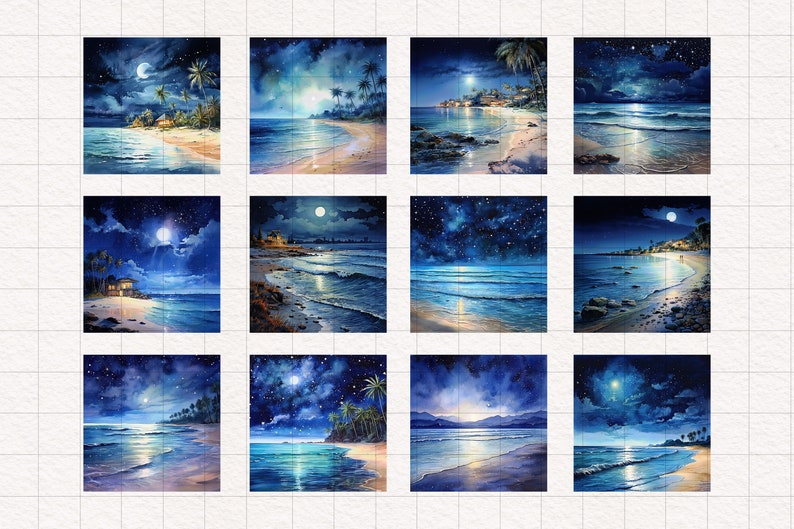 Beach Nightscape Digital Paper Set PNG Bundle Beach Backdrop ...