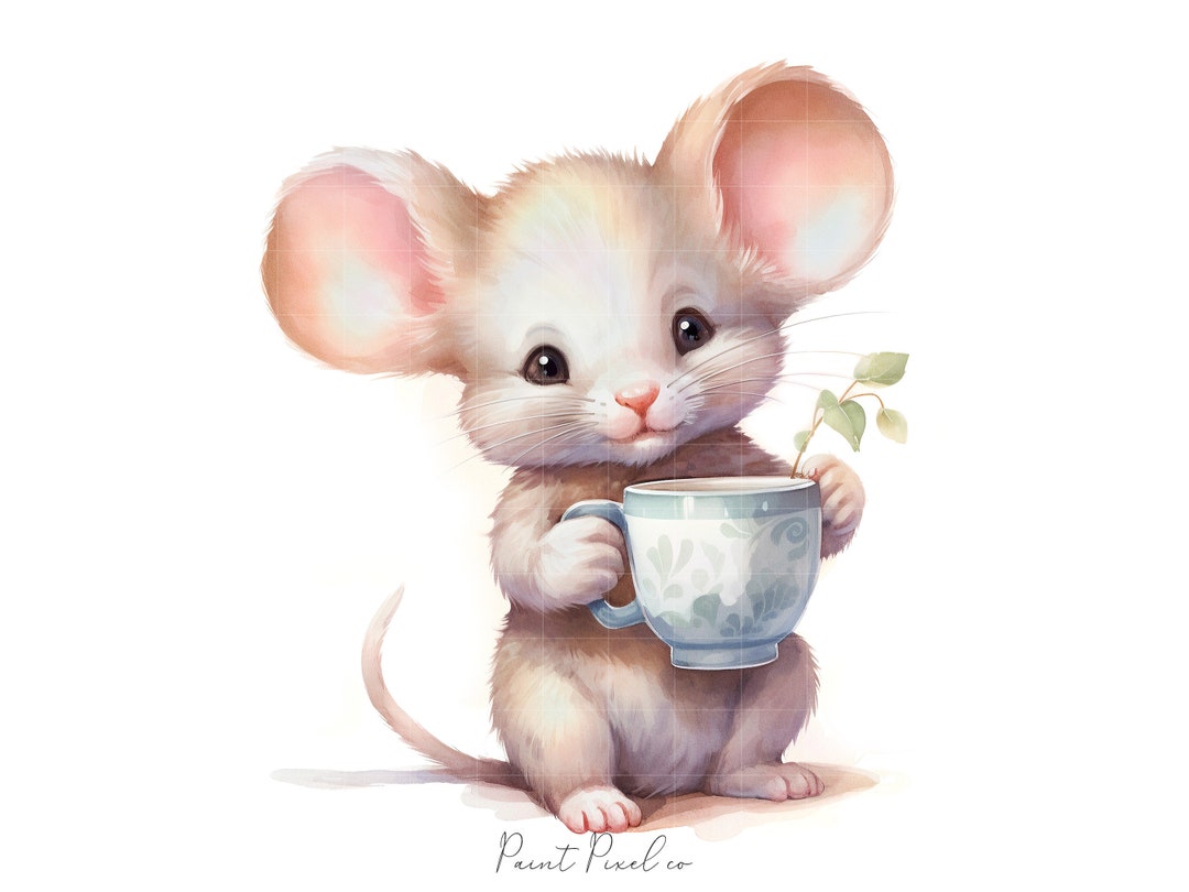 11 Mouse and Tea Clipart High Quality Jpgs Watercolor Cute Mice Tea Cup ...