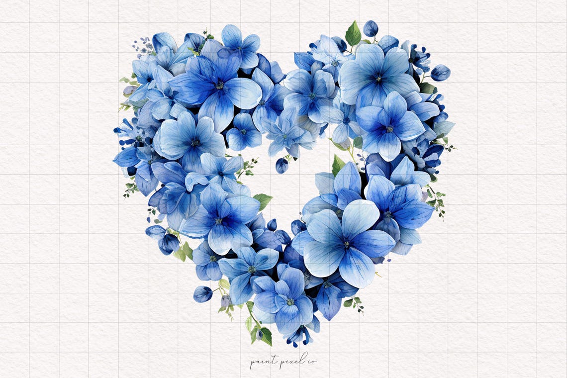 4 Blue Floral Heart PNG Blue Flowers Heart Clipart Valentine Watercolor ...