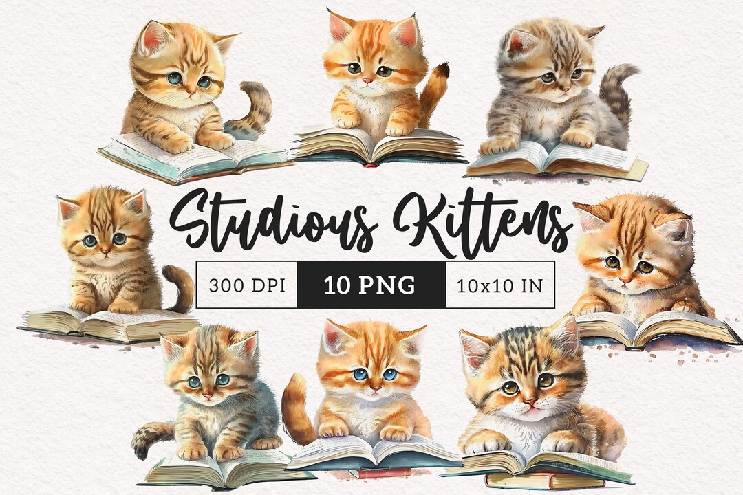 Reading Cats Clipart Cats With Book PNG Clip Art Watercolor Cute Kitten ...