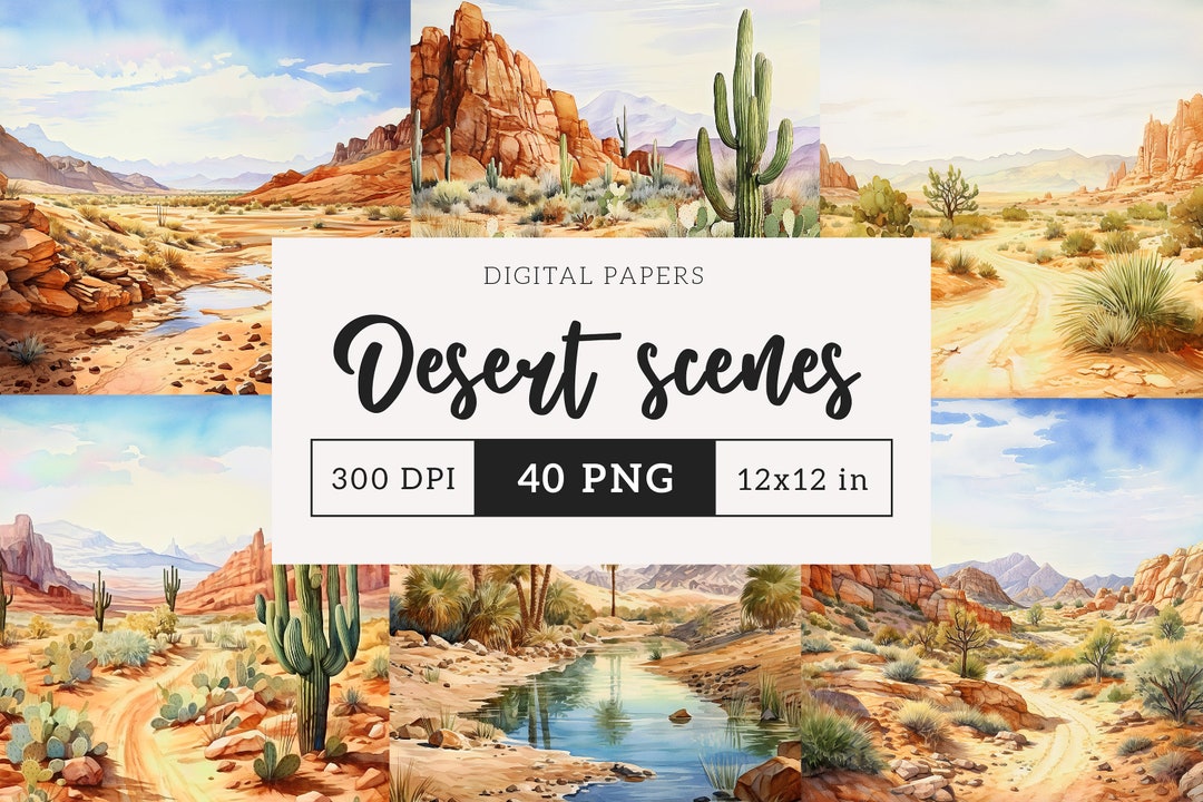 Watercolor Desert Digital Paper Set PNG Western Sahara Backdrop Sunny ...