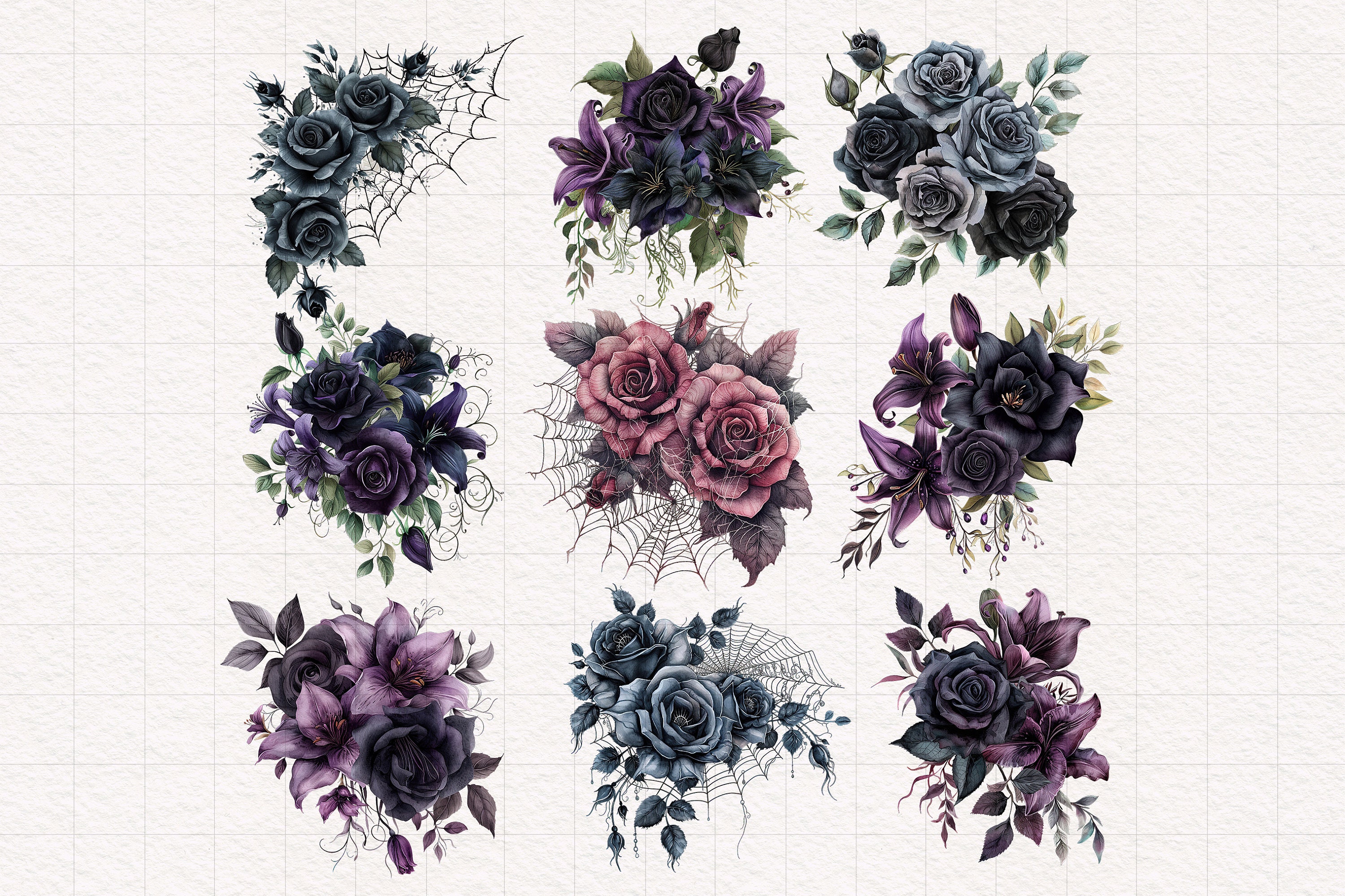 Watercolor Gothic Flowers Clipart PNG Dark Roses Scary Flowers ...