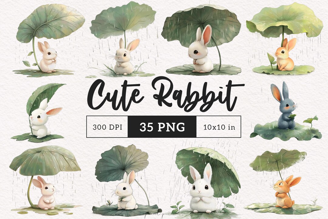 Whimsical Rabbit in Rain Clipart Baby Bunny With Leaf Umbrella PNG ...