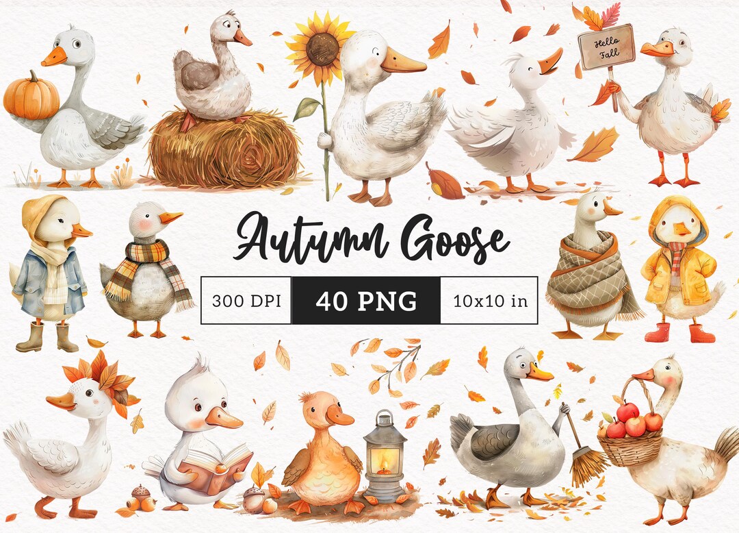Watercolor Autumn Goose Clipart Cute Fall Whimsical Geese PNG Silly ...