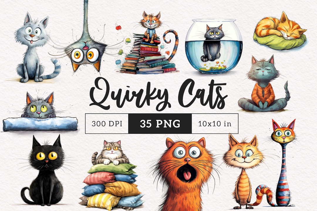 Quirky Cat Clipart PNG Whimsical Kitten Sublimation Clip Art Cute ...