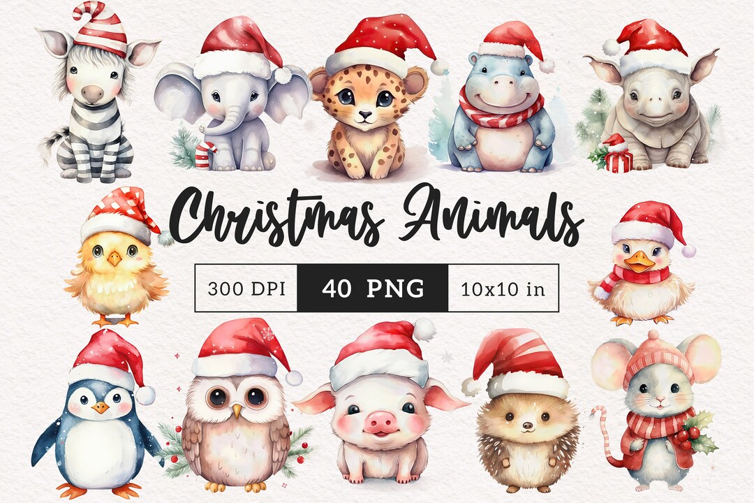 Christmas Animal PNG Holiday Animals Santa Hat Clipart Safari Woodland ...