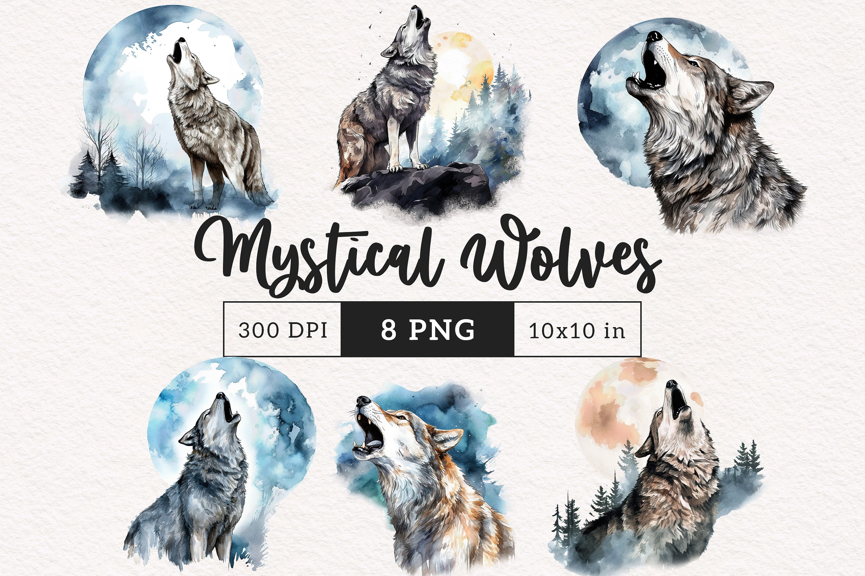 Howling Wolf Clipart PNG Bundle Watercolor Wolves Sublimation Transfer ...