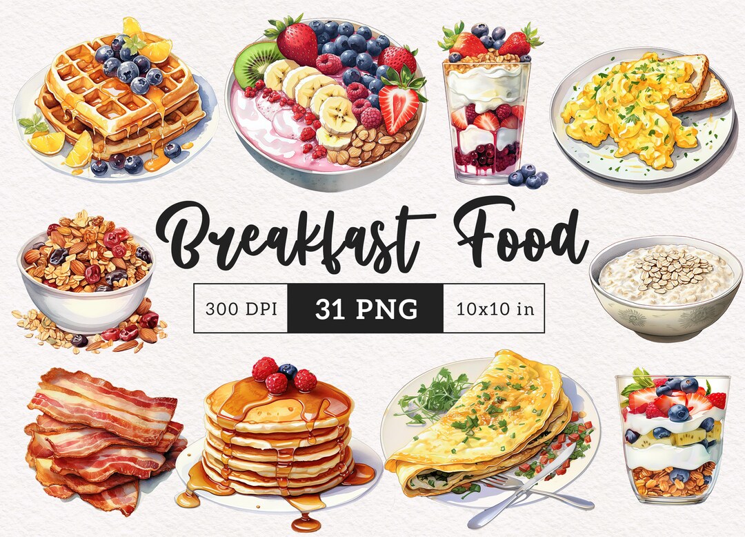 Breakfast Food Clipart Oats Bacon PNG Breakfast Bowls Pancake Waffles ...