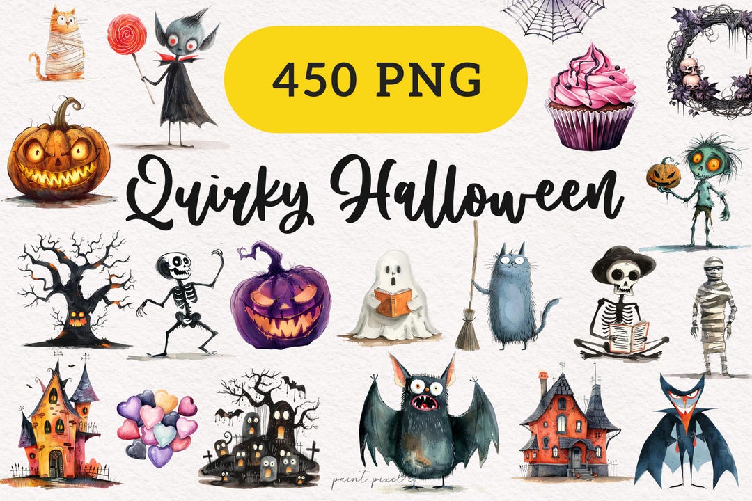 Quirky Halloween Clipart Mega Bundle Funny Spooky PNG Whimsical Bat Cat ...