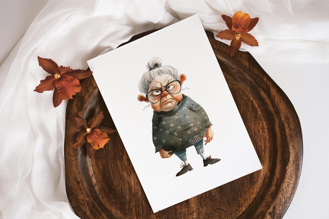 Grumpy Grandma Clipart Moody Granny PNG Whimsical Funny Cartoon Sassy ...