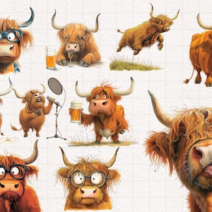 Quirky Highland Cow PNG Clipart Bundle Whimsical Cow Sublimation Clip ...