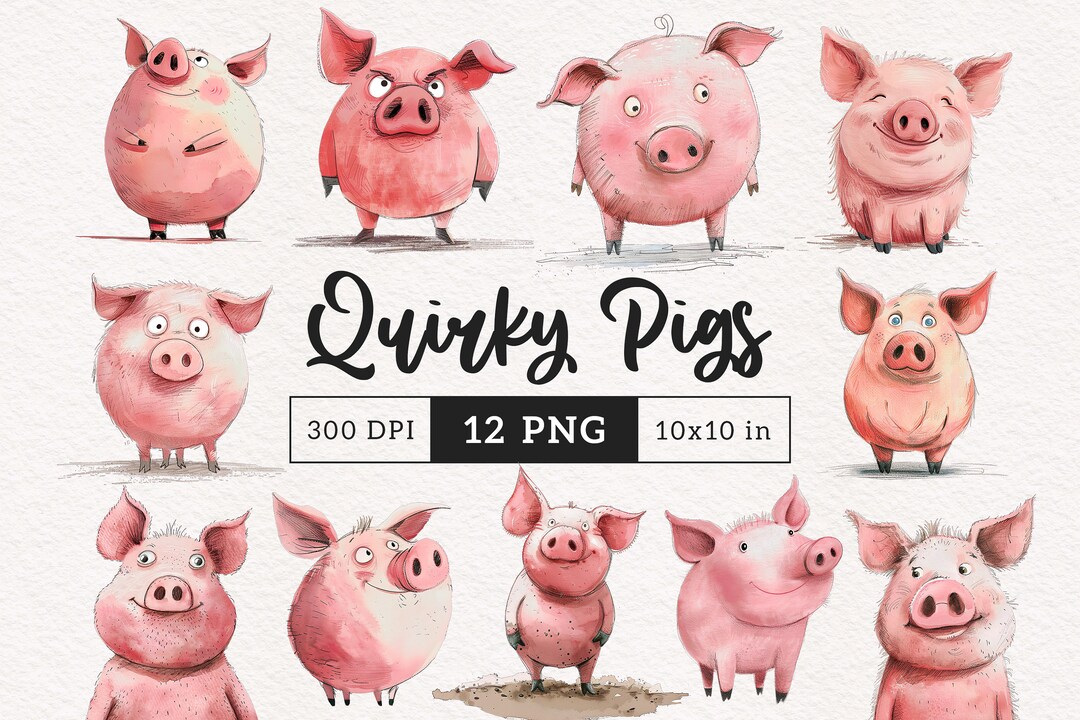Quirky Pig Clipart PNG Whimsical Pigs Sublimation Clip Art Farm Animals ...