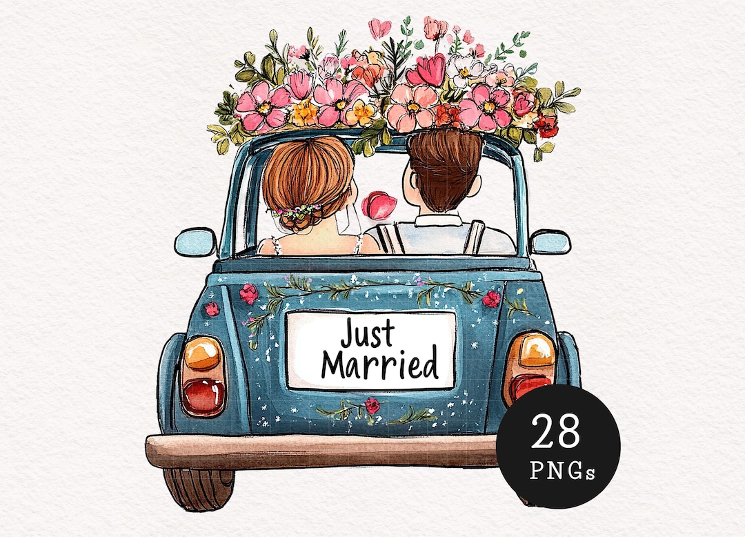 Just Married Car Clipart Whimsical Newly Wed Car PNG Cute Couple ...