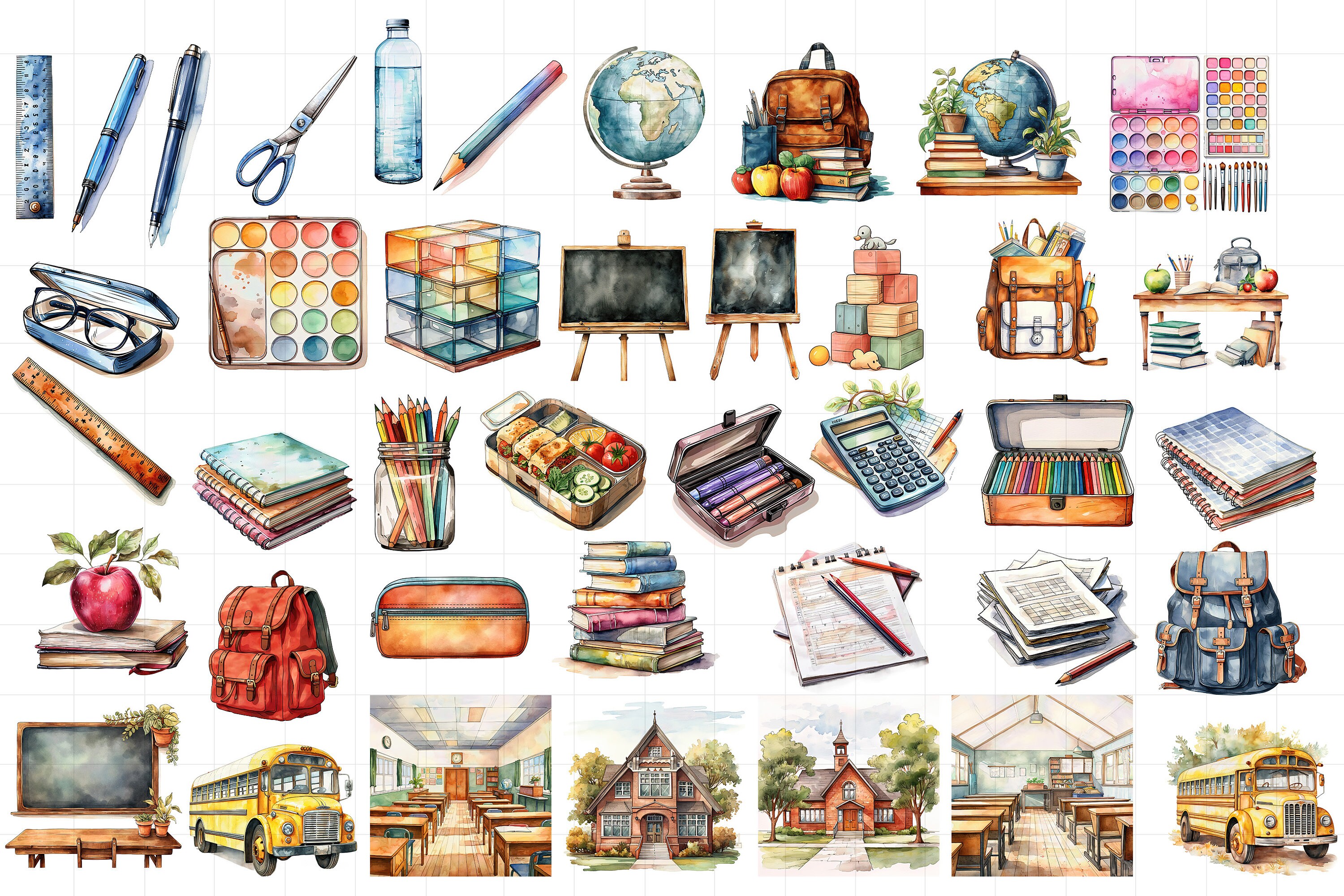 Back to School Clipart PNG Watercolor Classroom Illustration ...