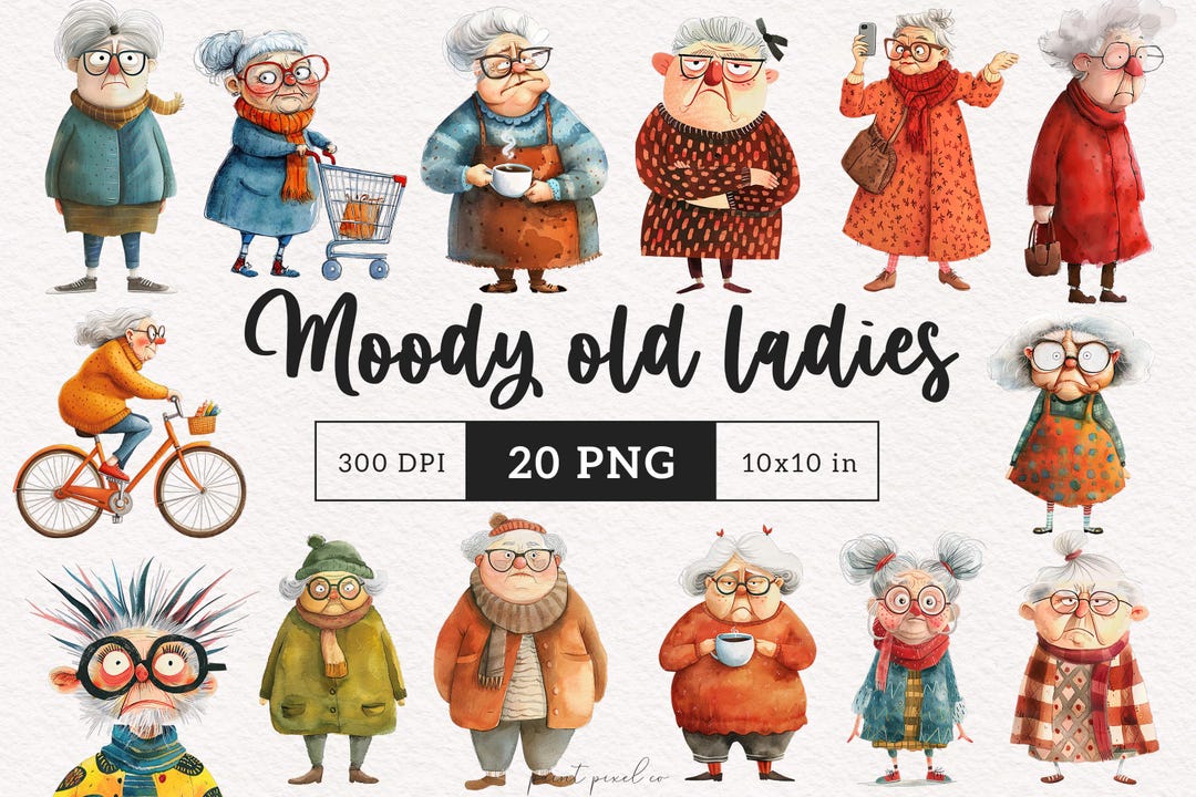 Moody Old Lady Clipart Eccentric Granny PNG Whimsical Funny Cartoon ...