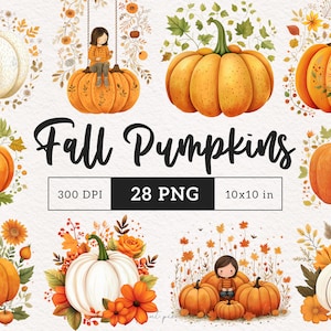 Autumn Pumpkin Clipart Boho Fall Pumpkins PNG Watercolor Cozy Fall ...