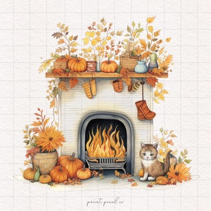 8 Autumn Fireplace Clipart Boho Fall PNG Watercolor Cozy Fireplace ...
