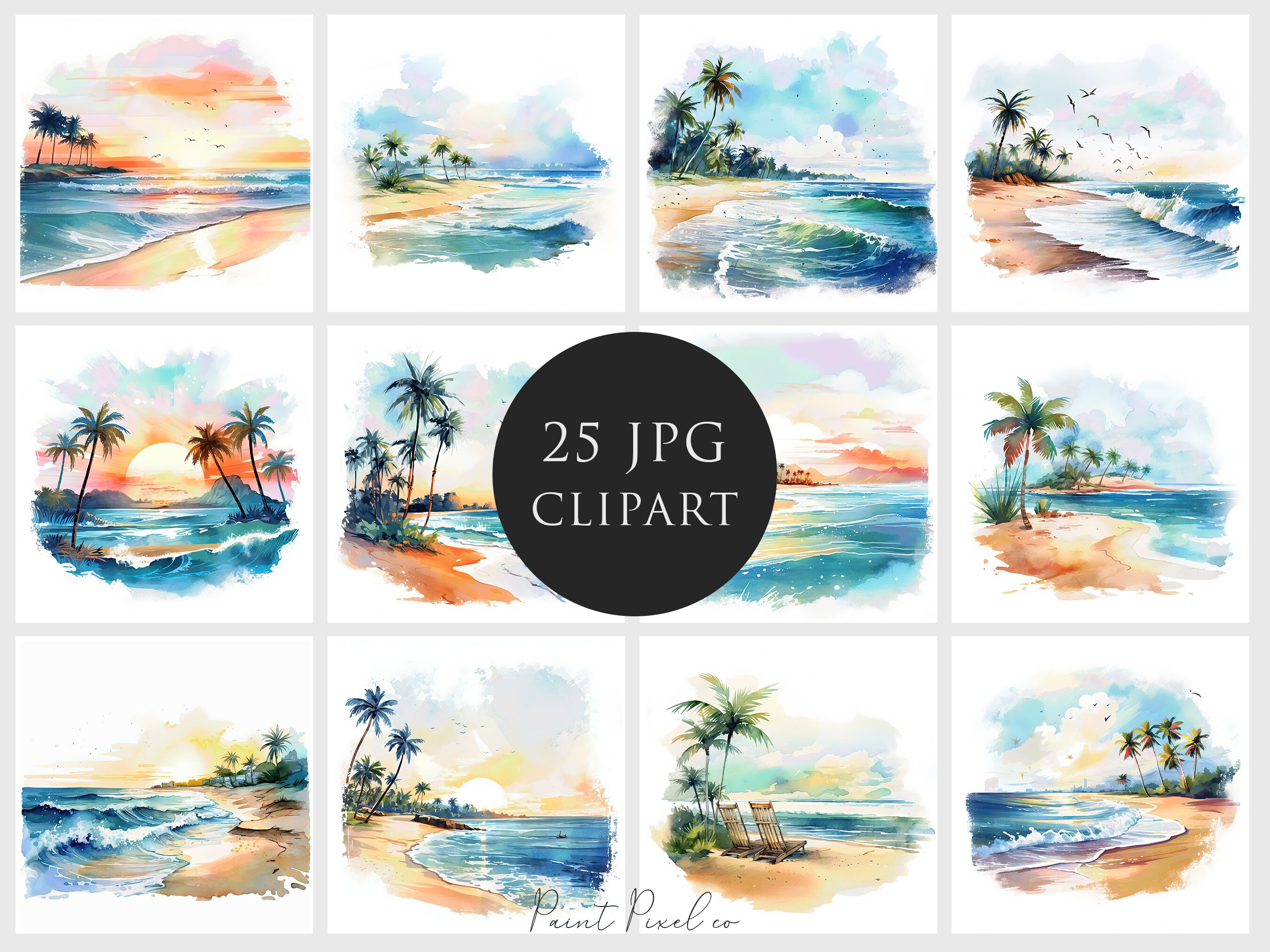 25 Watercolor Beach Clipart High Quality Jpgs Scrapbook Junk - Etsy