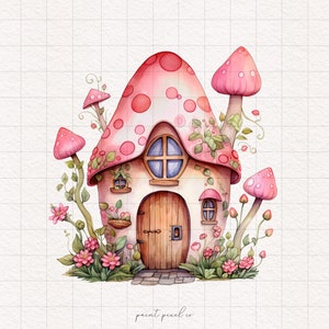 Pink Toadstool House Clipart Enchanted Mushroom Fairy PNG Pink ...