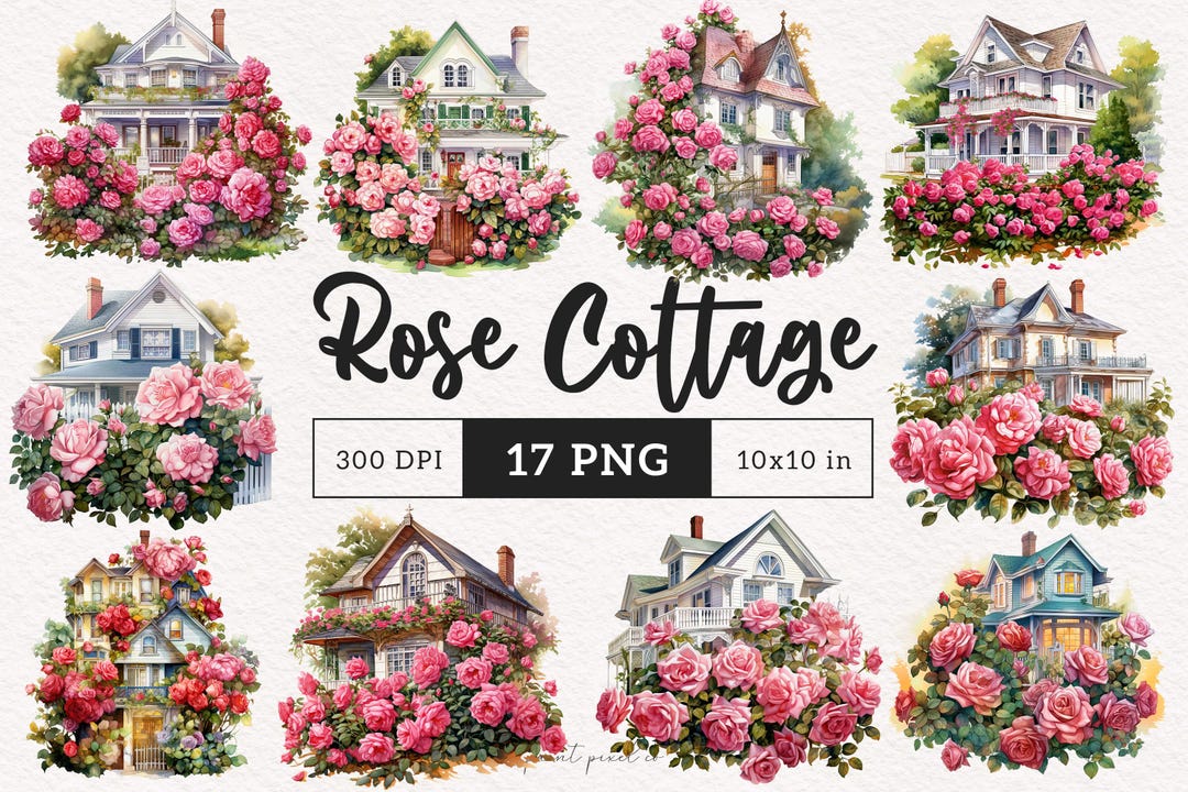 Rose Cottage PNG Floral Clipart Watercolor Spring House Rose Bush ...